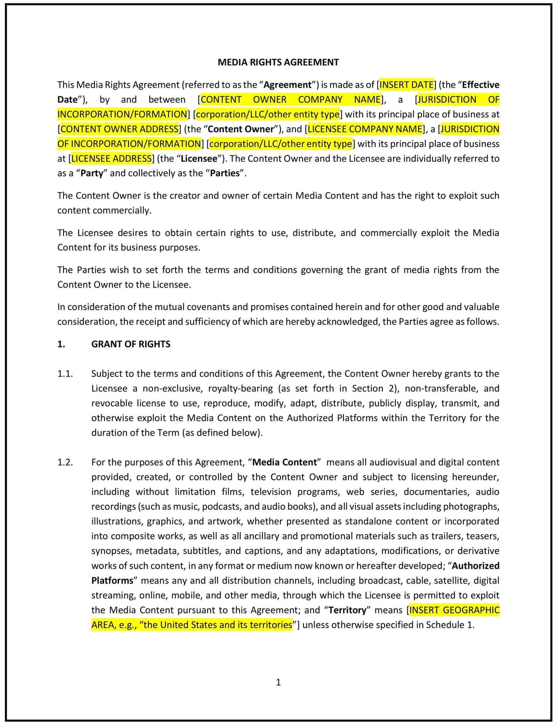 Media Rights Agreement (West Virginia): Free template