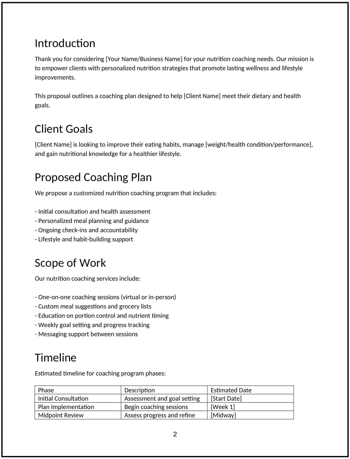 Nutrition coaching proposal: Free template