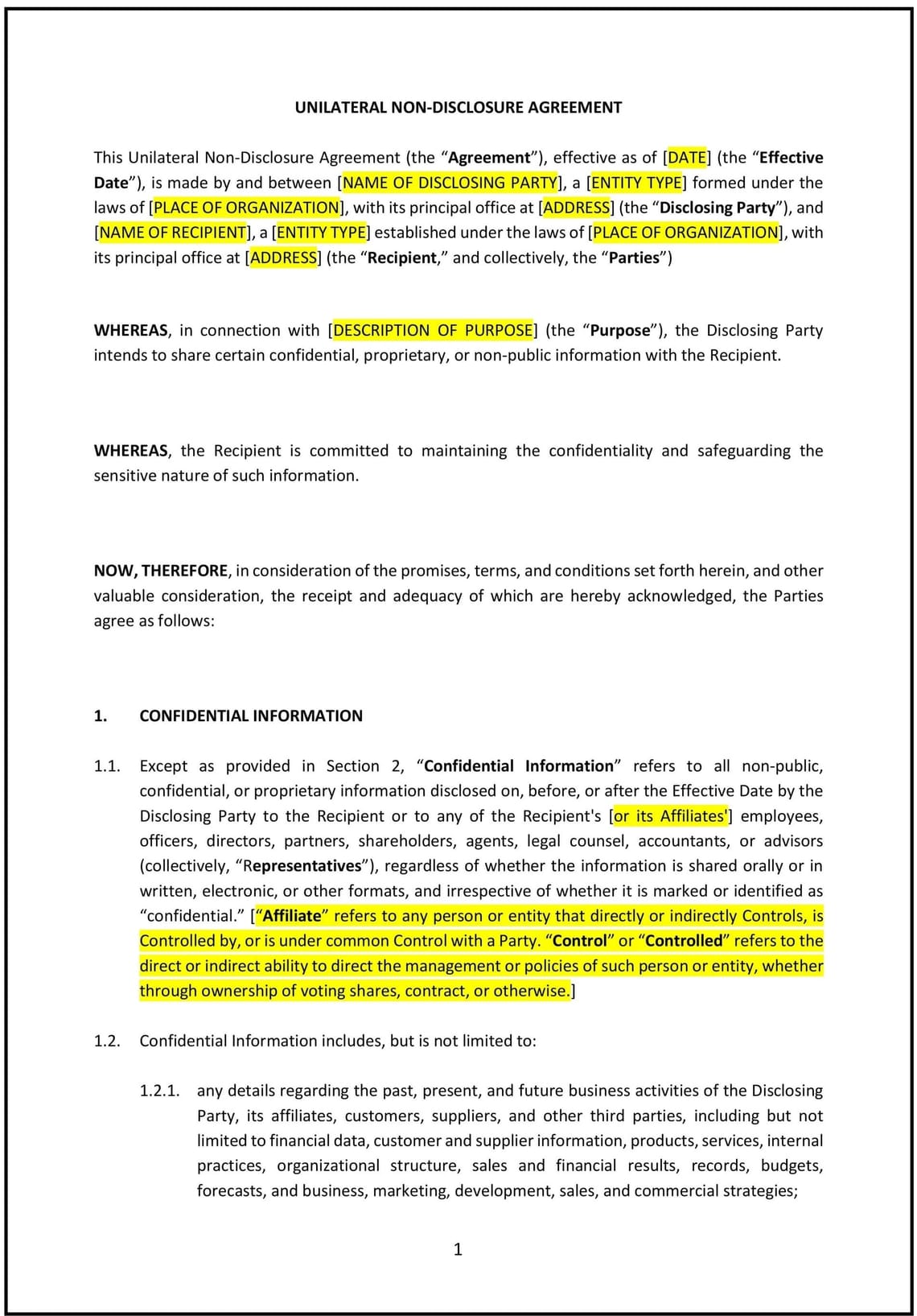 Non-Disclosure Agreement (Unilateral) (Texas): Free template