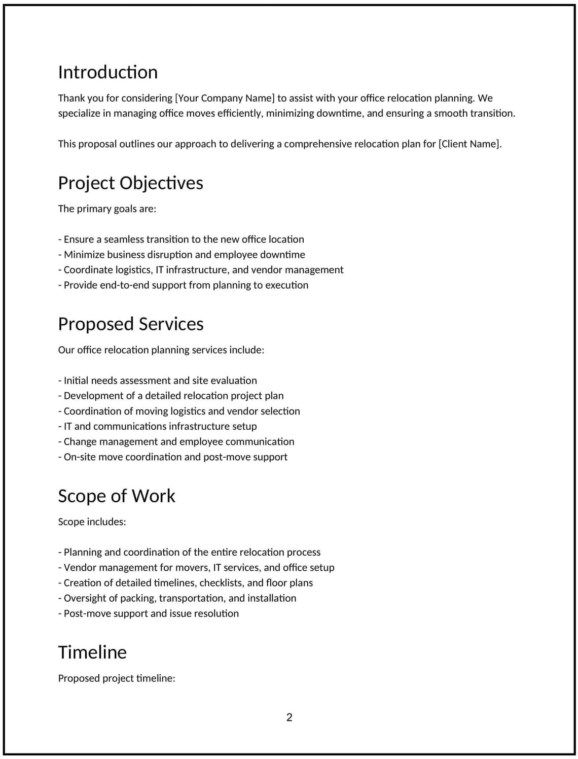 Office relocation planning proposal: Free template