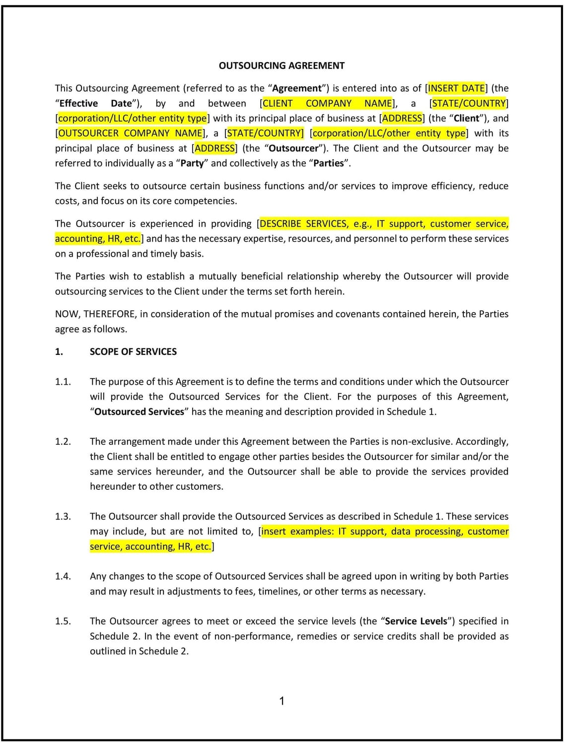 Outsourcing Agreement (New York): Free template