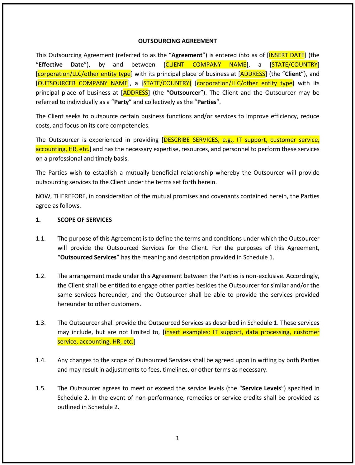 Outsourcing Agreement (Tennessee): Free template