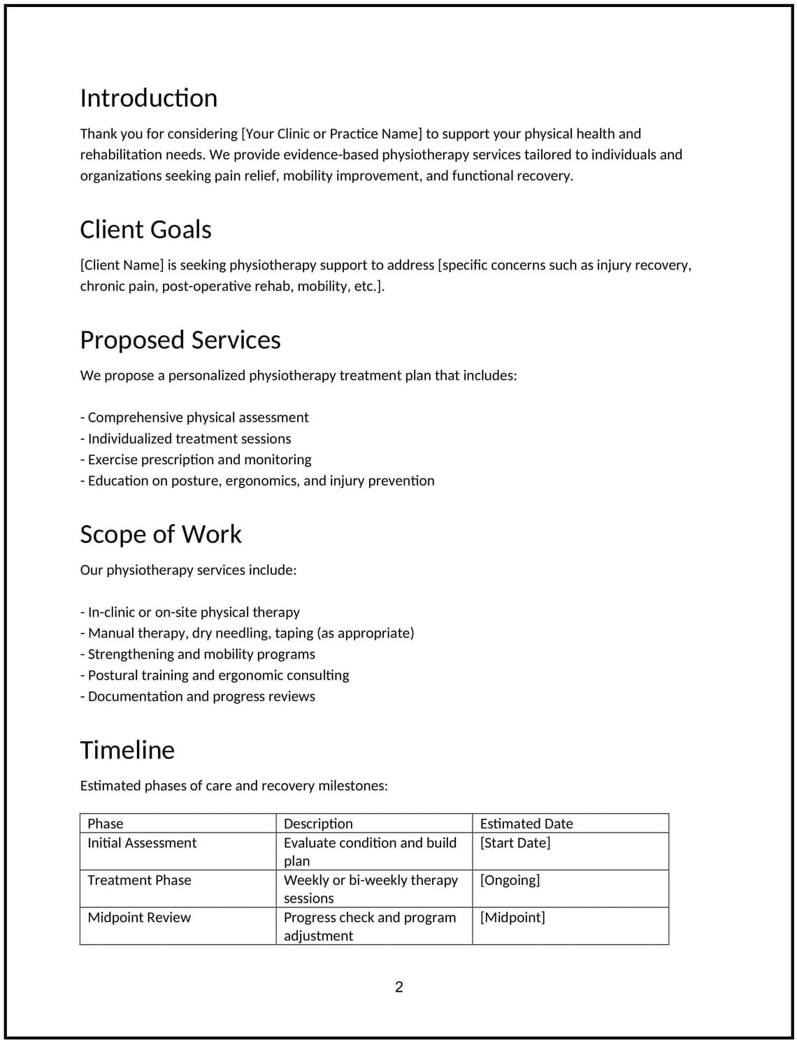 Physiotherapy services proposal: Free template