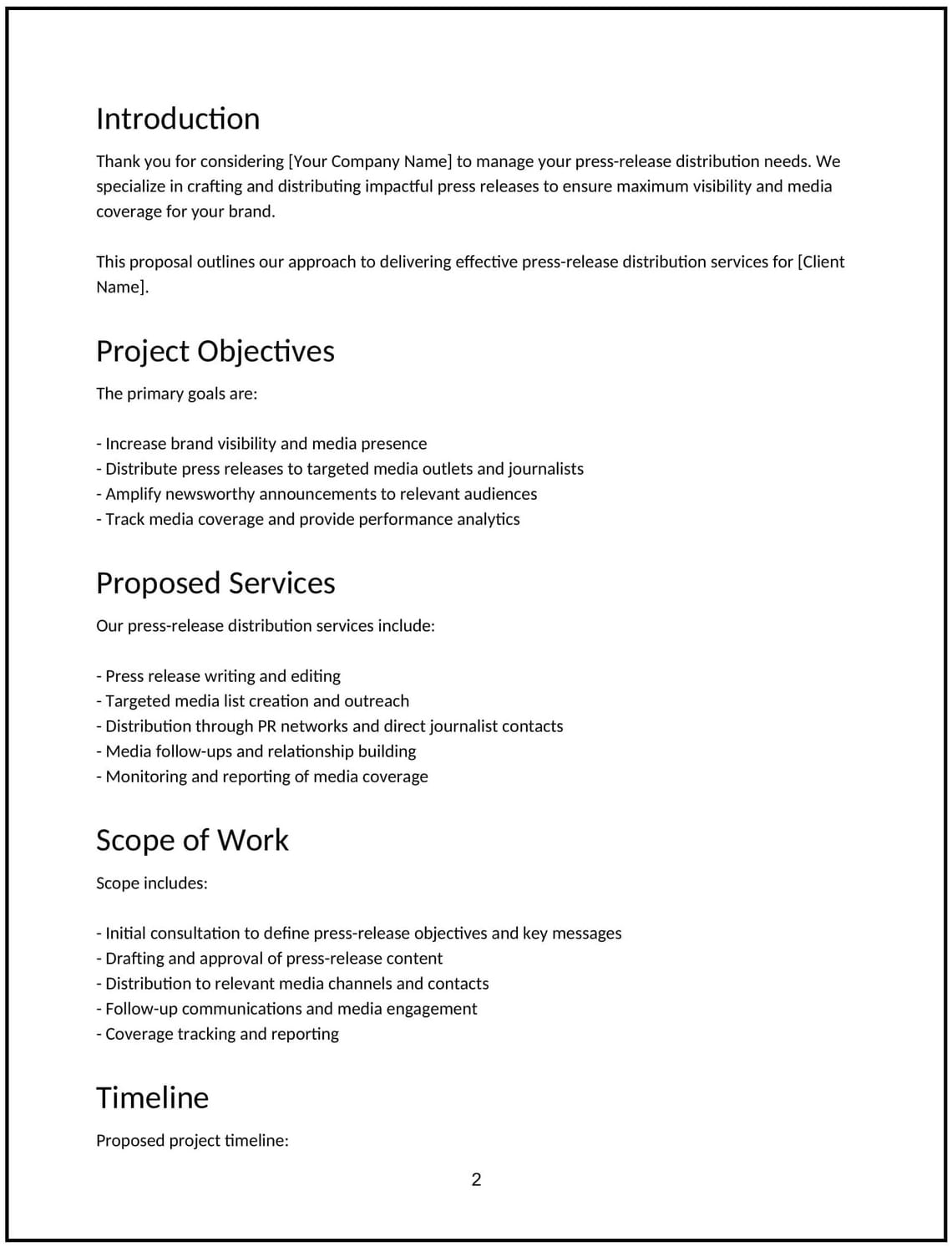 Press-release distribution proposal: Free template