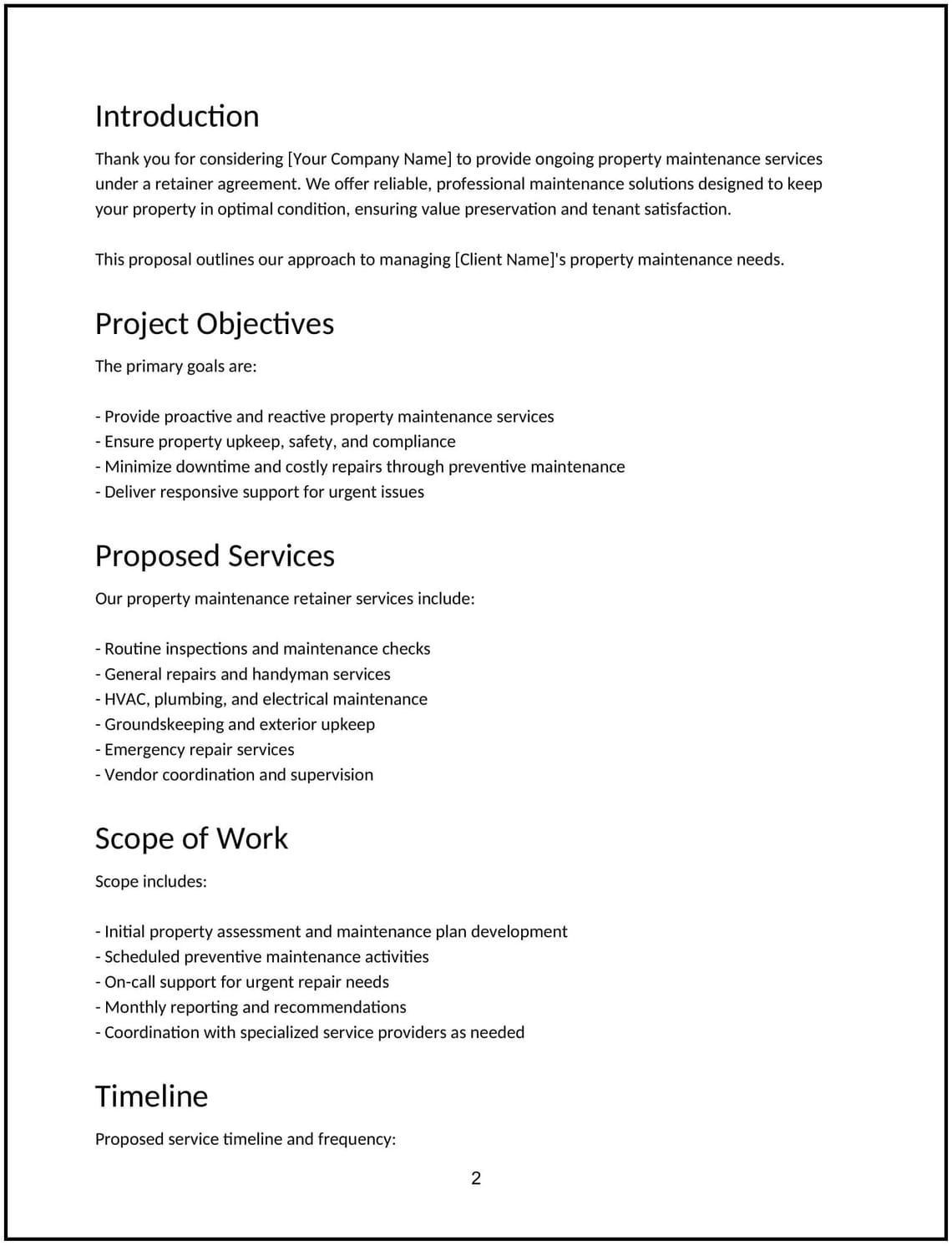 Property maintenance retainer proposal: Free template