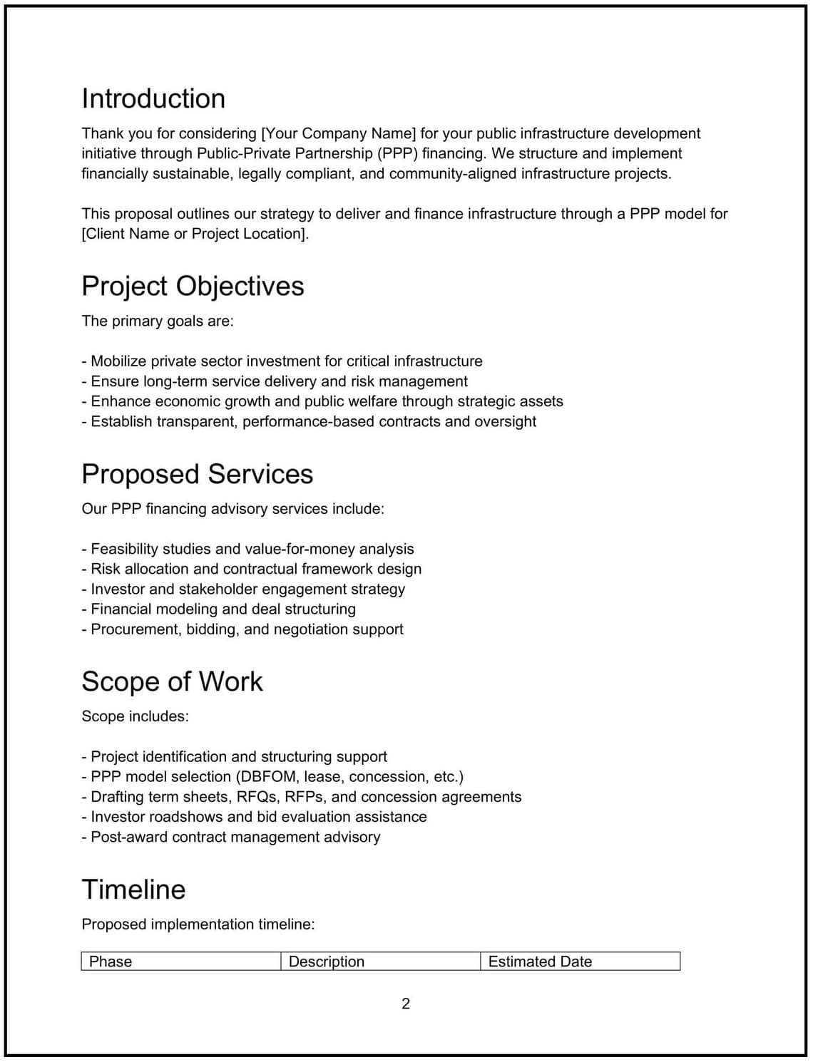Public infrastructure PPP financing proposal: Free template