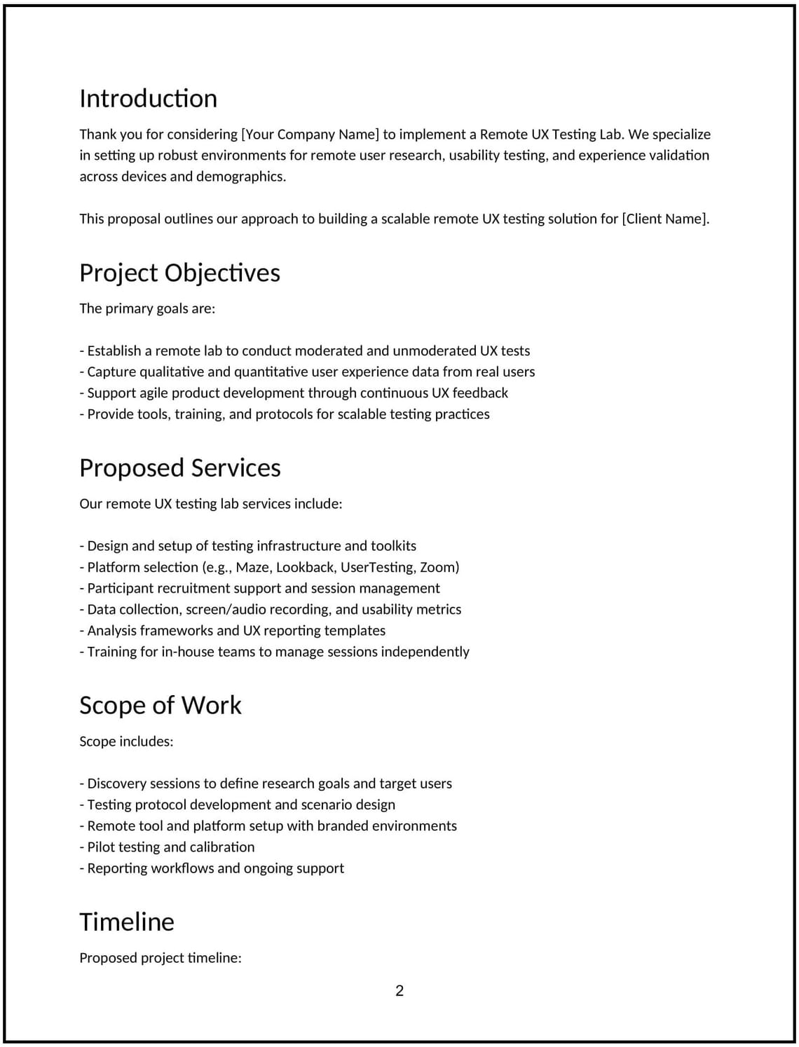 Remote UX testing lab proposal: Free template