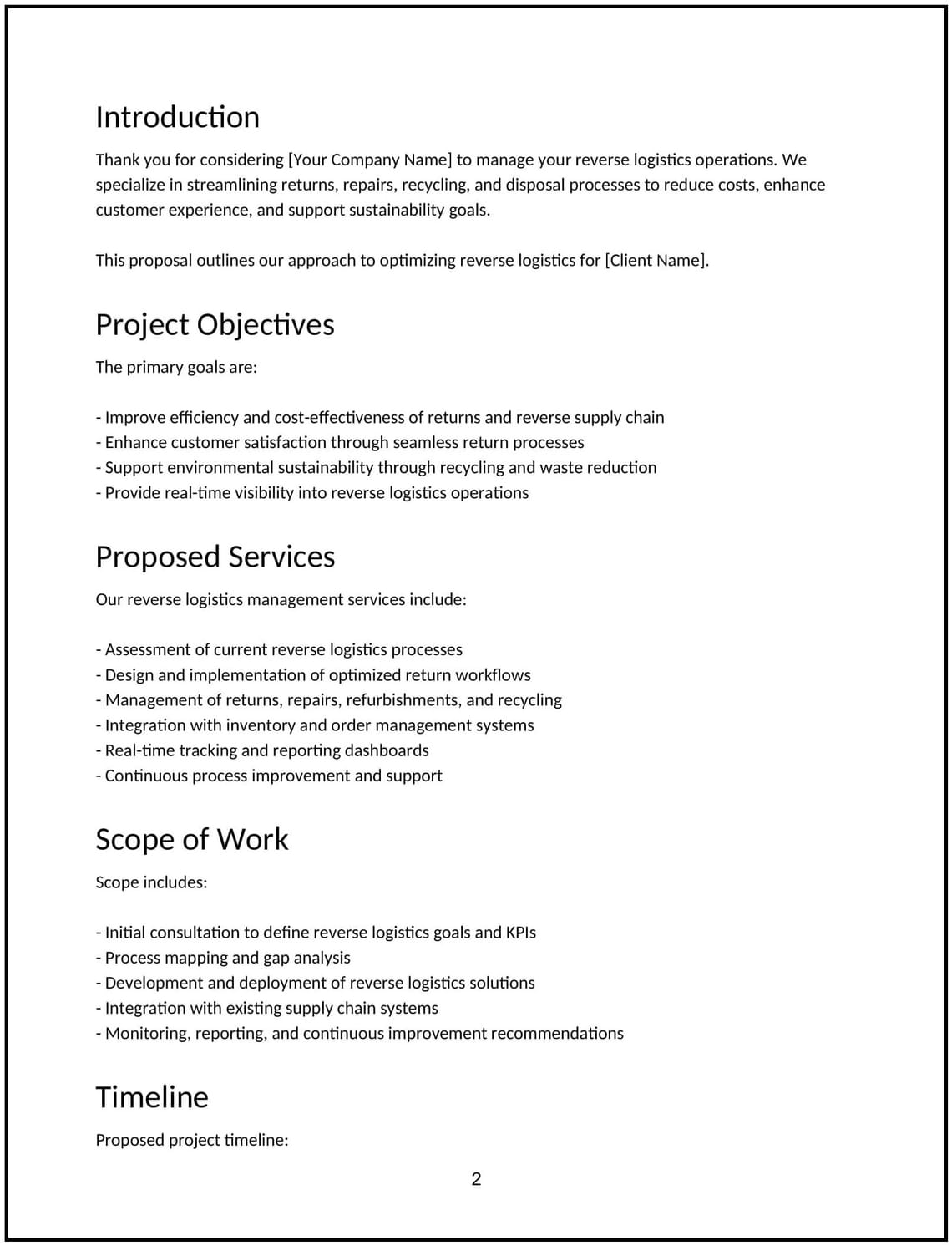 Reverse logistics management proposal: Free template