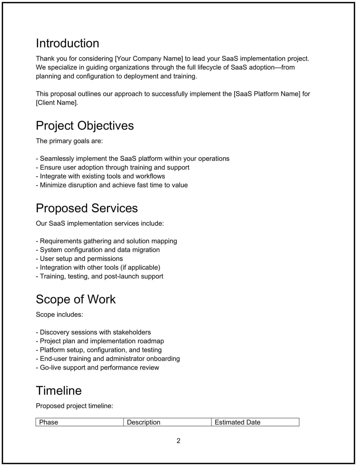 SaaS implementation proposal: Free template