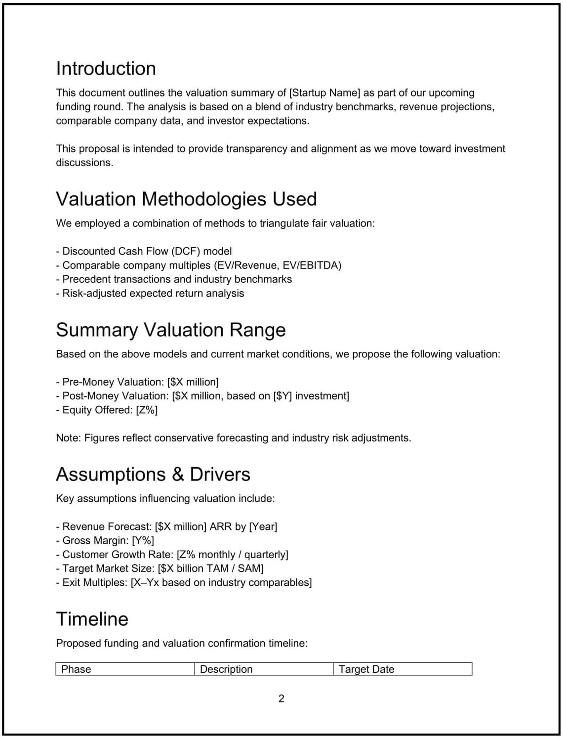 Startup valuation summary proposal: Free template