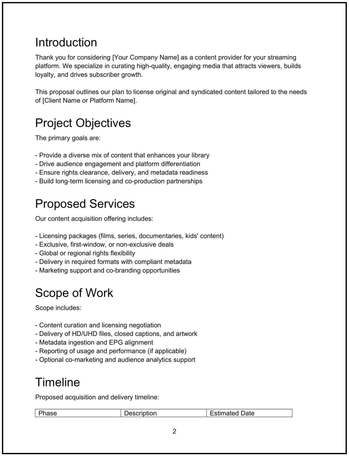 Streaming content acquisition proposal: Free template