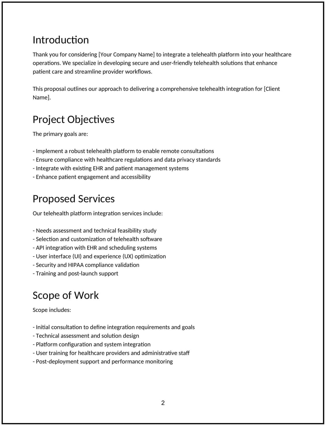 Telehealth platform integration proposal: Free template