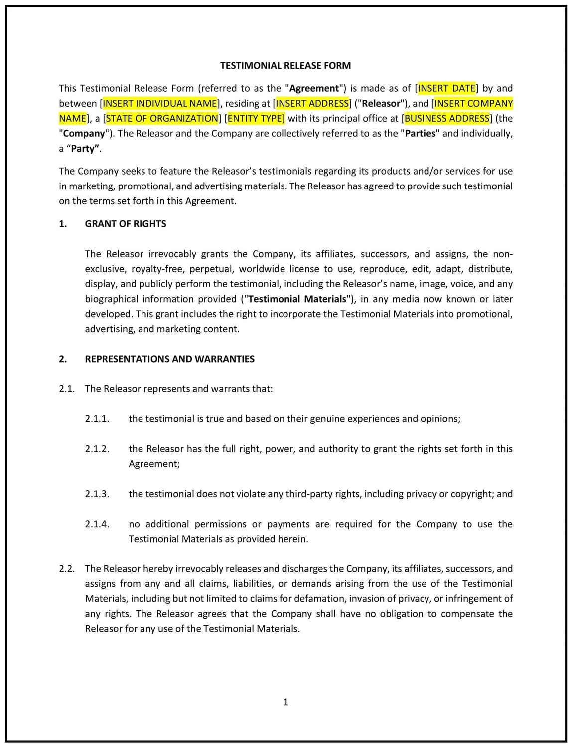 Testimonial Release Form (South Carolina): Free template