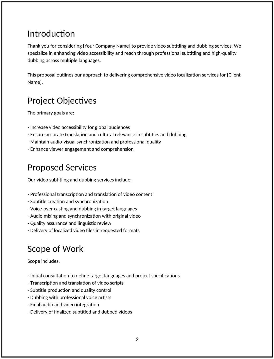Video subtitling and dubbing proposal: Free template