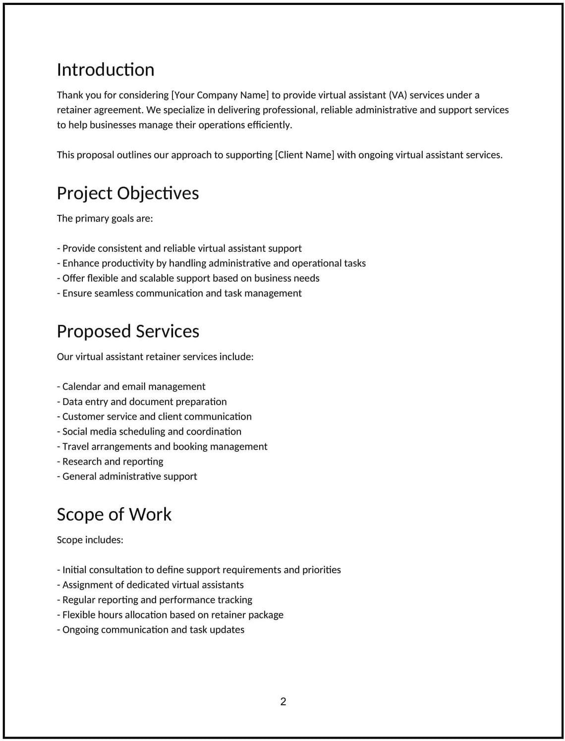 Virtual assistant retainer proposal: Free template