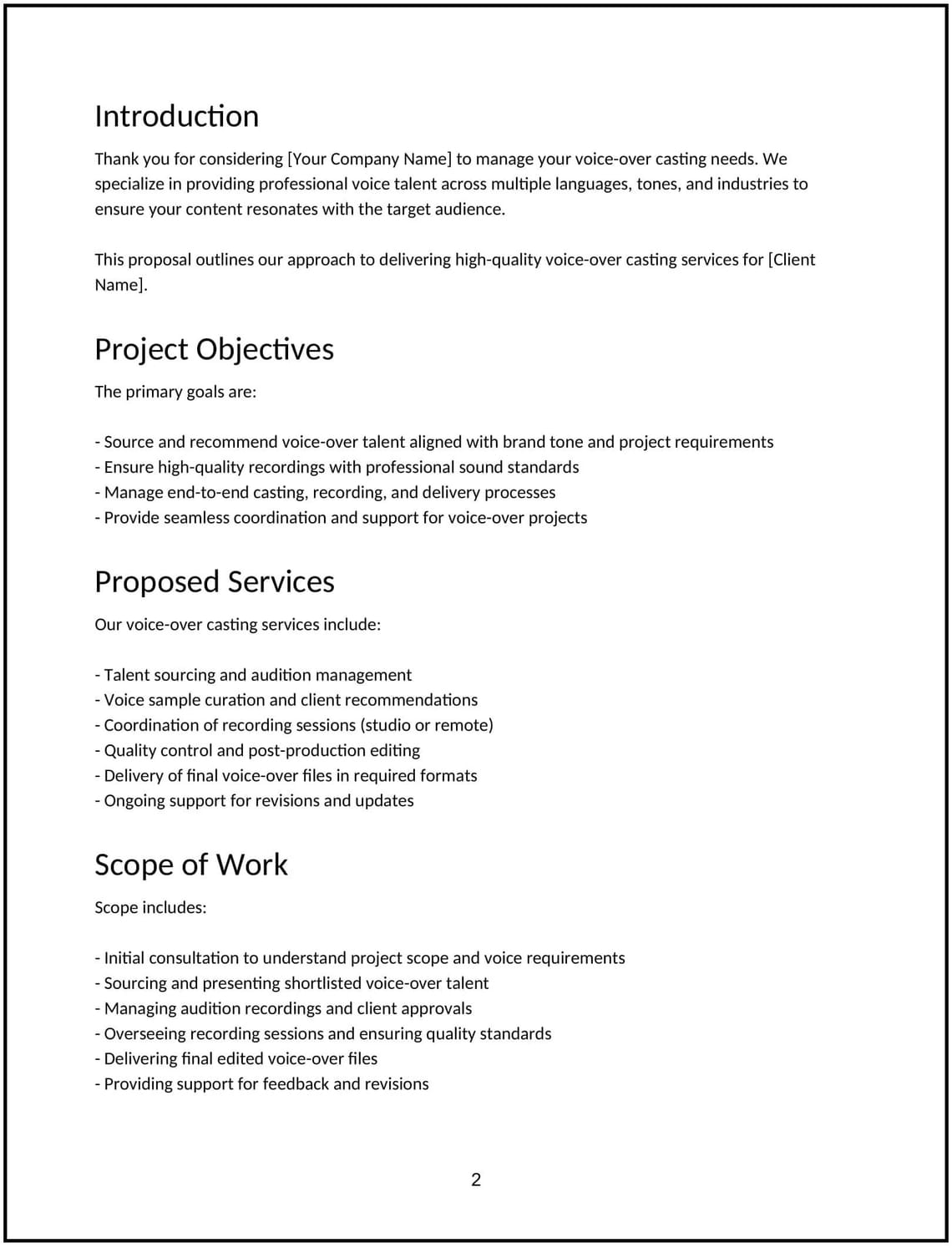 Voice-over casting proposal: Free template