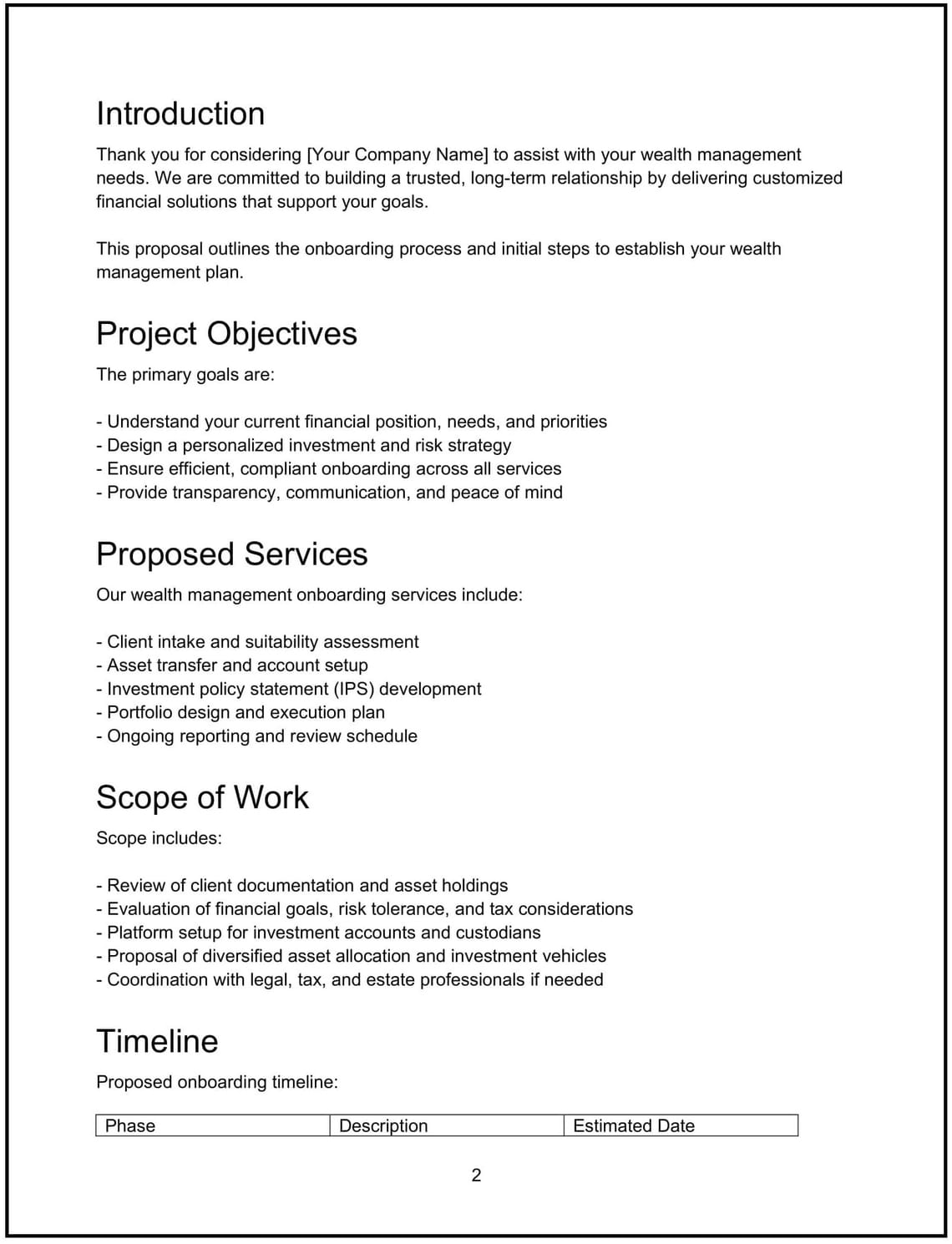 Wealth management onboarding proposal: Free template