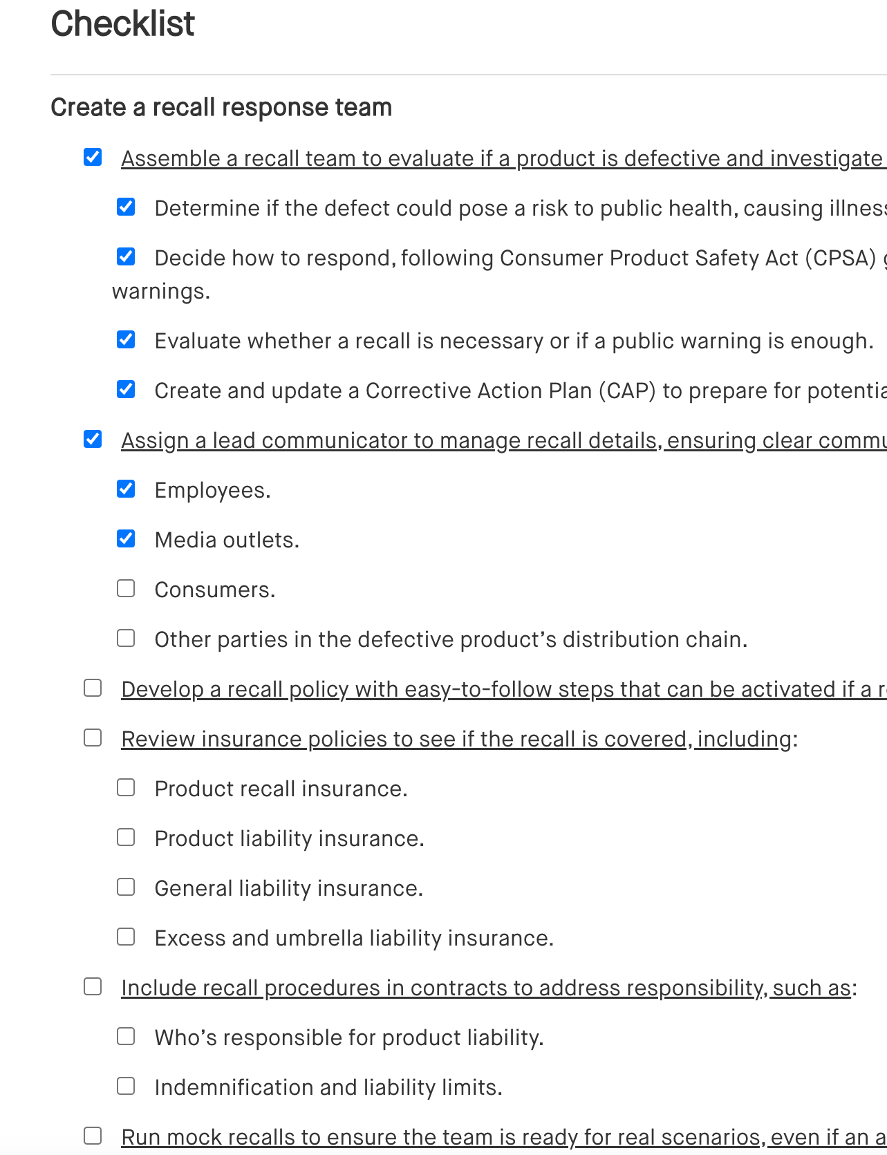 Consumer product recall: Free checklist