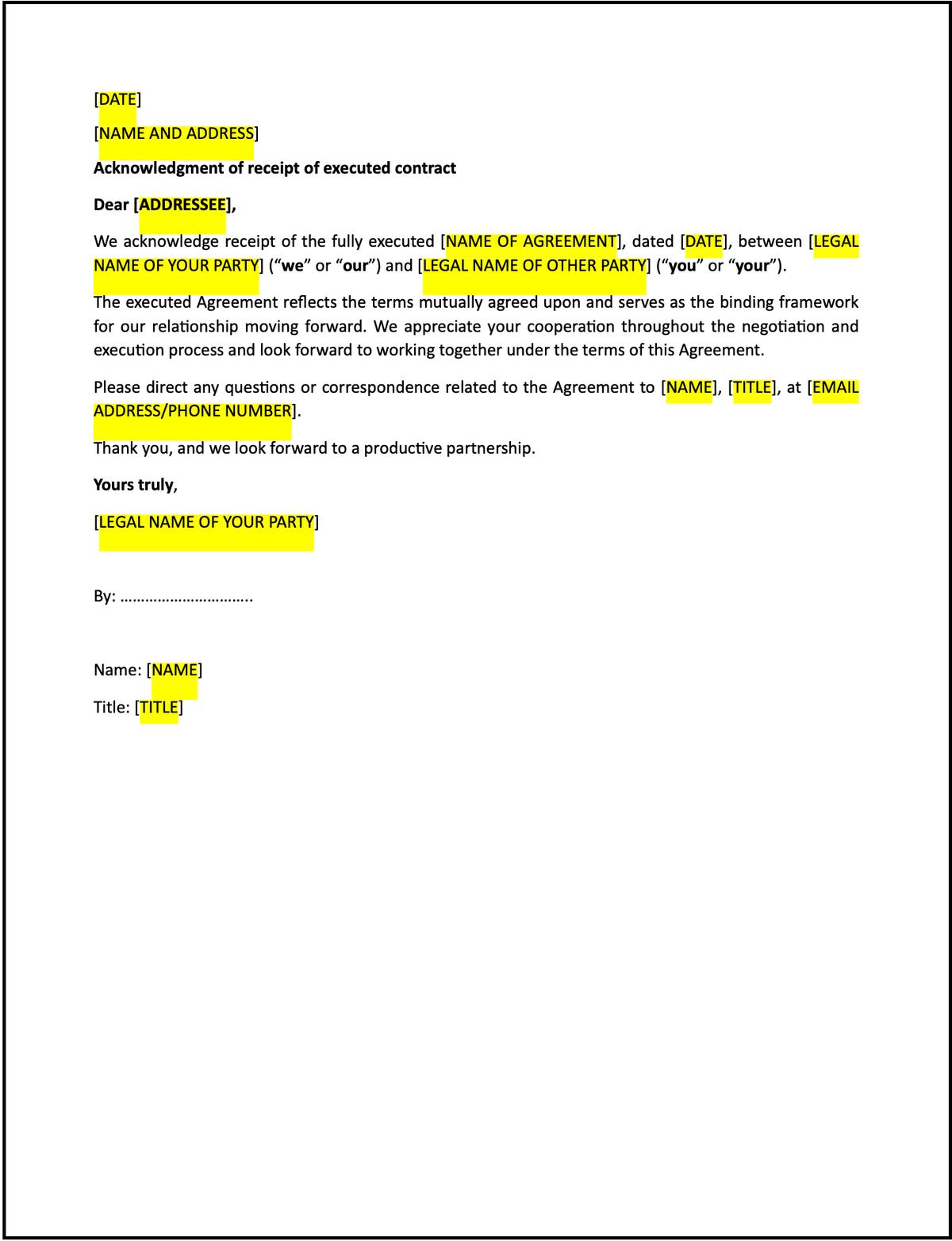 Acknowledgment of receipt of executed contract letter: Free template