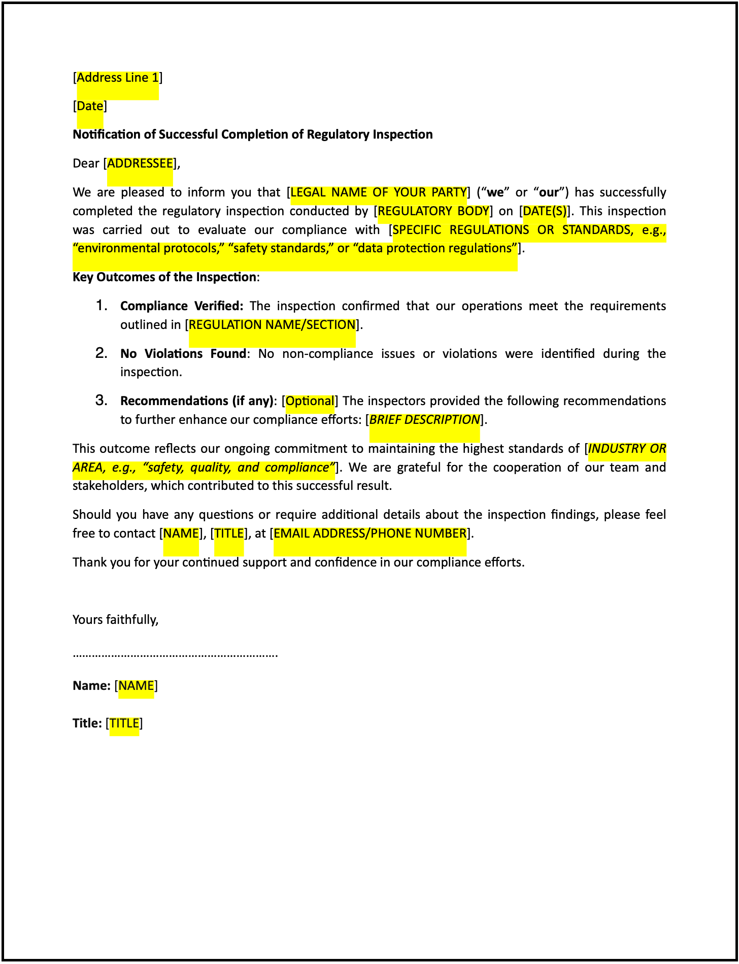 Notification letter of successful completion of regulatory inspections ...