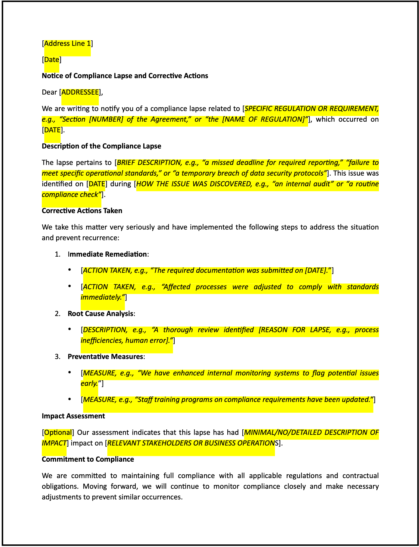 Letter of compliance lapse and corrective action: Free template