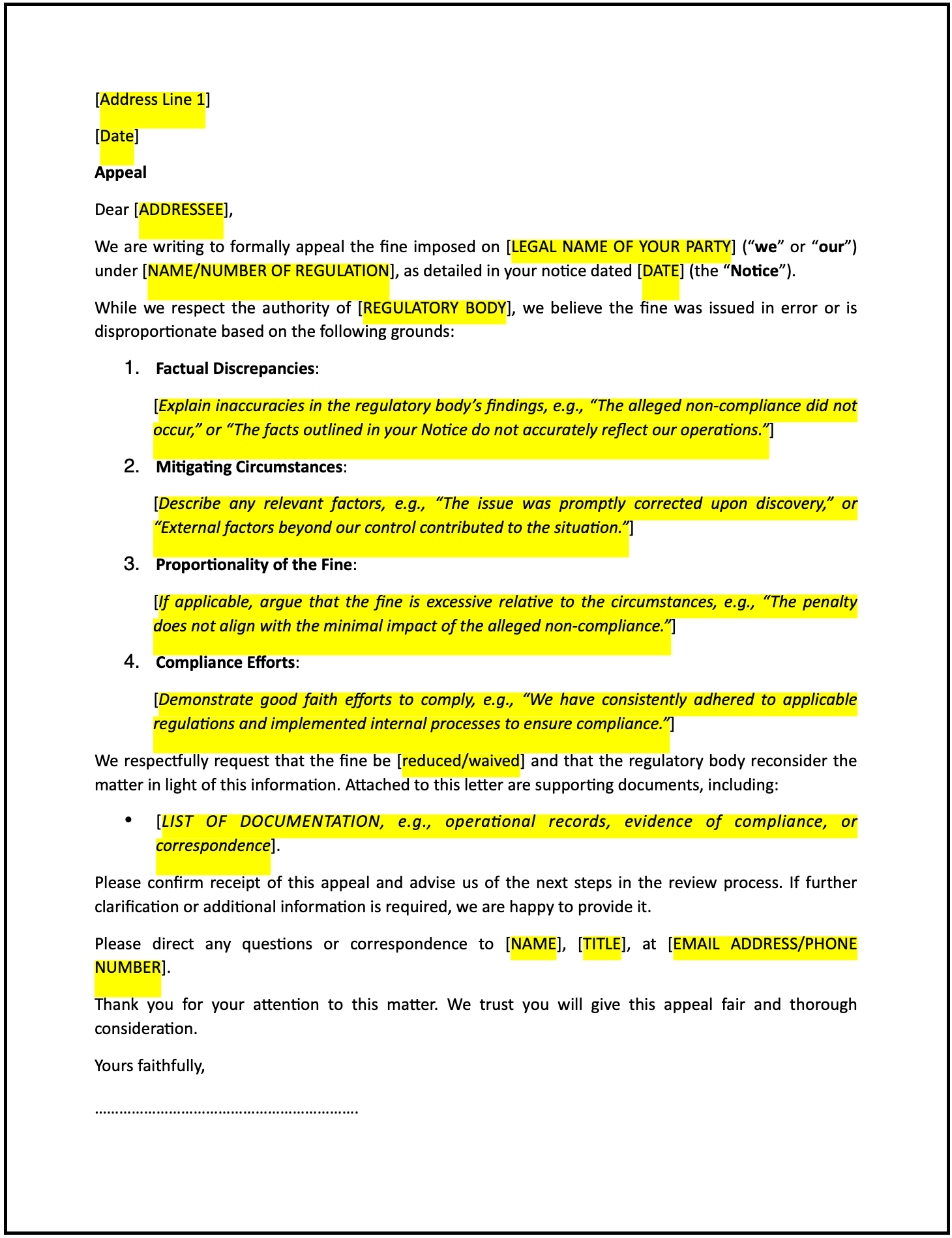 Appeal against a regulatory fine letter: Free template