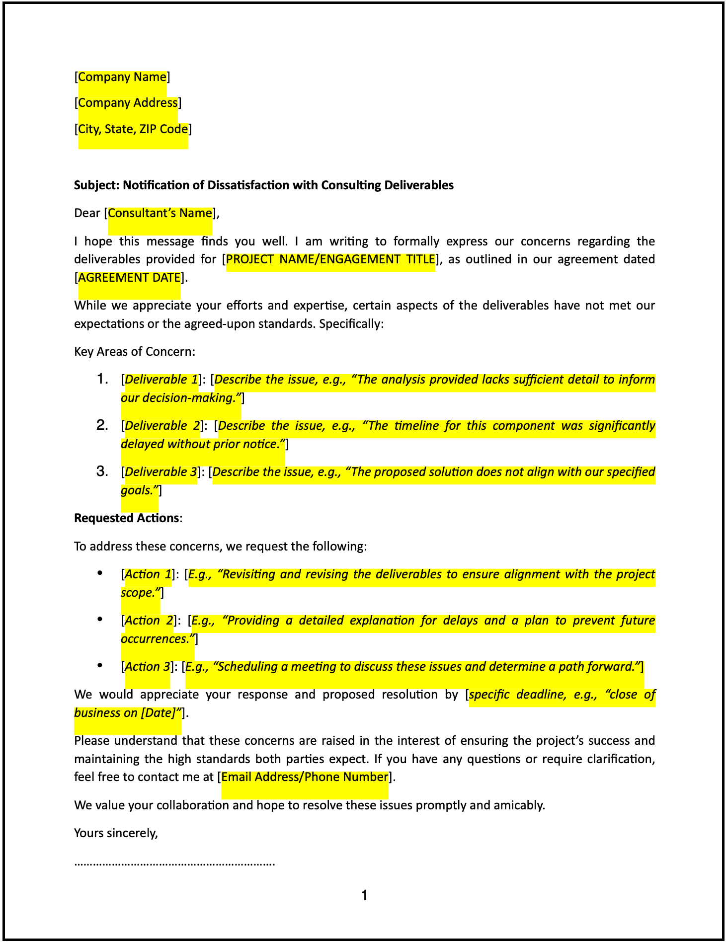 Letter of dissatisfaction with consulting deliverables: Free template