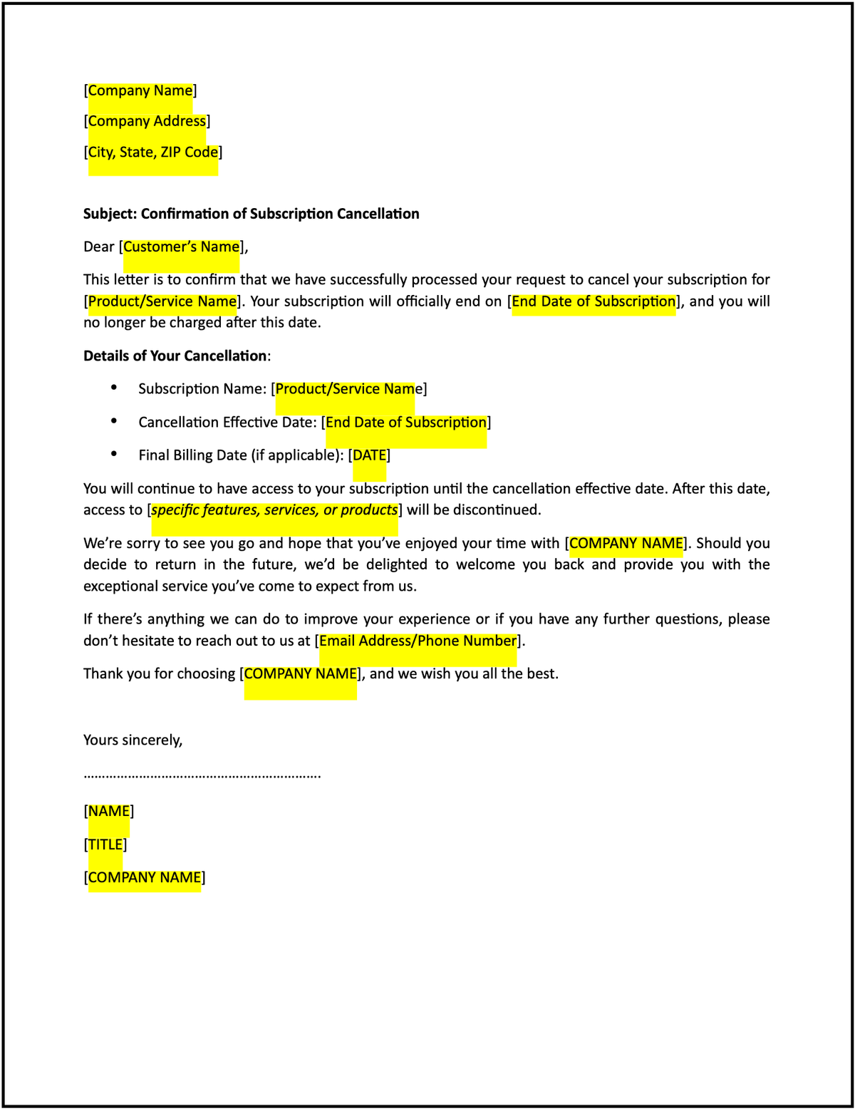 Confirmation letter of subscription cancellation: Free template