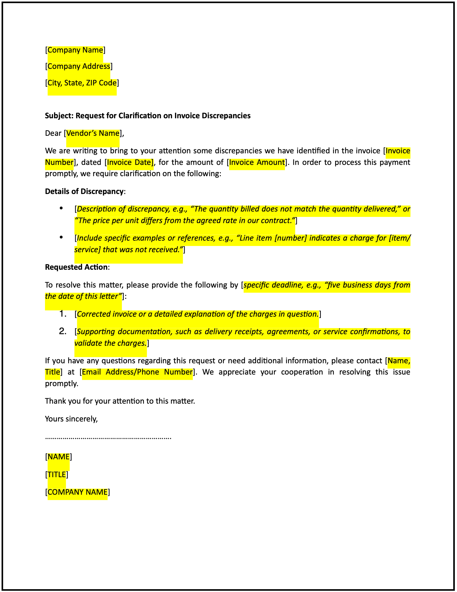 Letter of request for clarification on invoice discrepancies: Free template