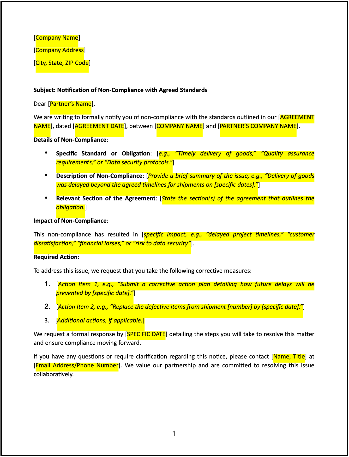 Letter of partner non-compliance with agreed standards: Free template