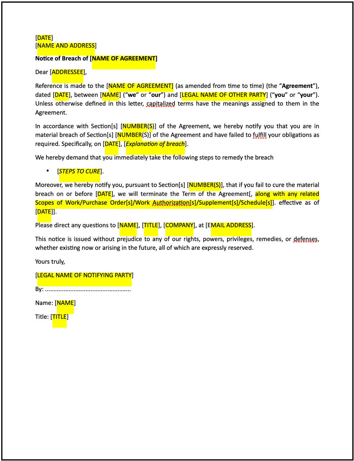 Notification of contract breach letter: Free template