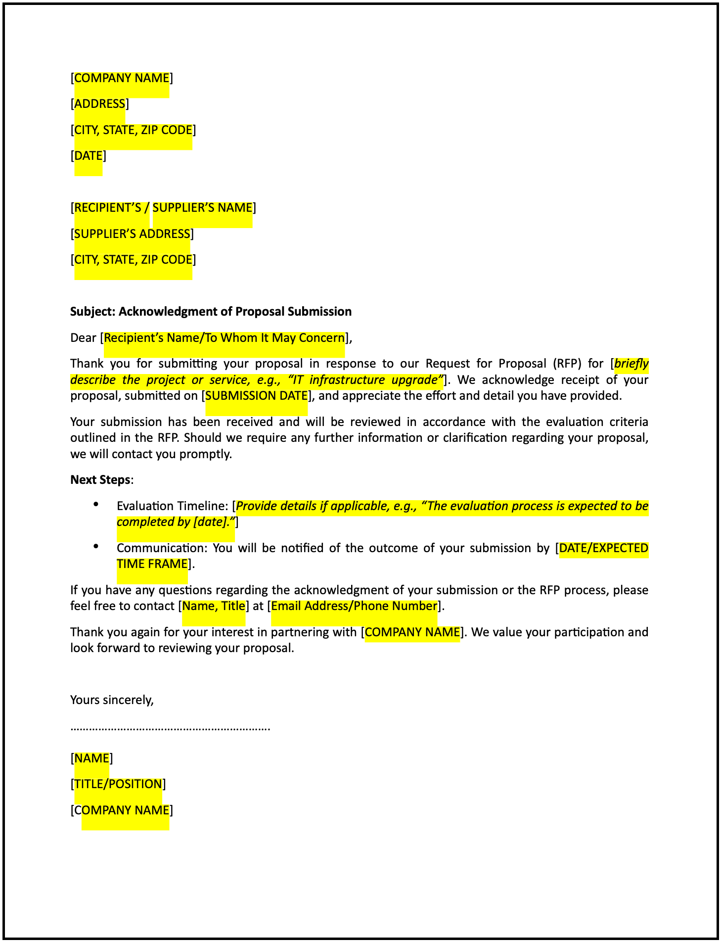 Letter of request for proposal (RFP) submission acknowledgment: Free ...