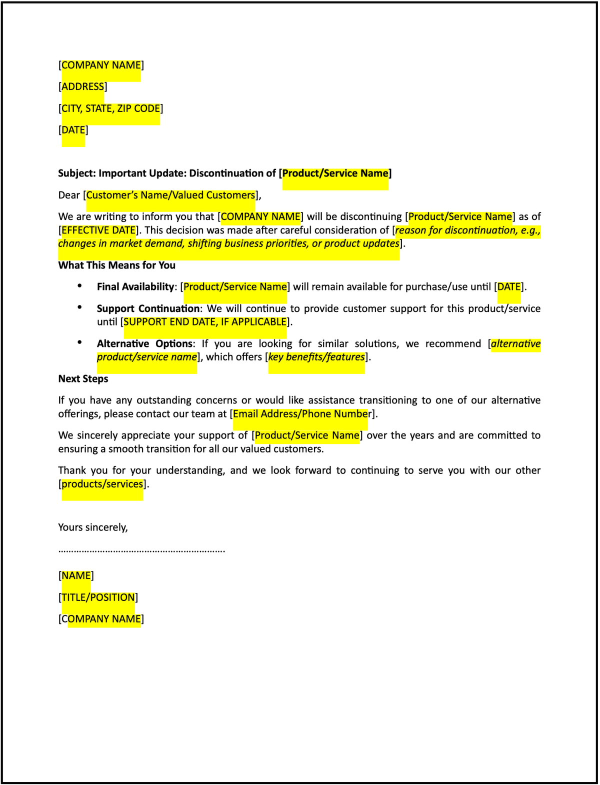 Notification letter of the discontinuation of a product or service ...