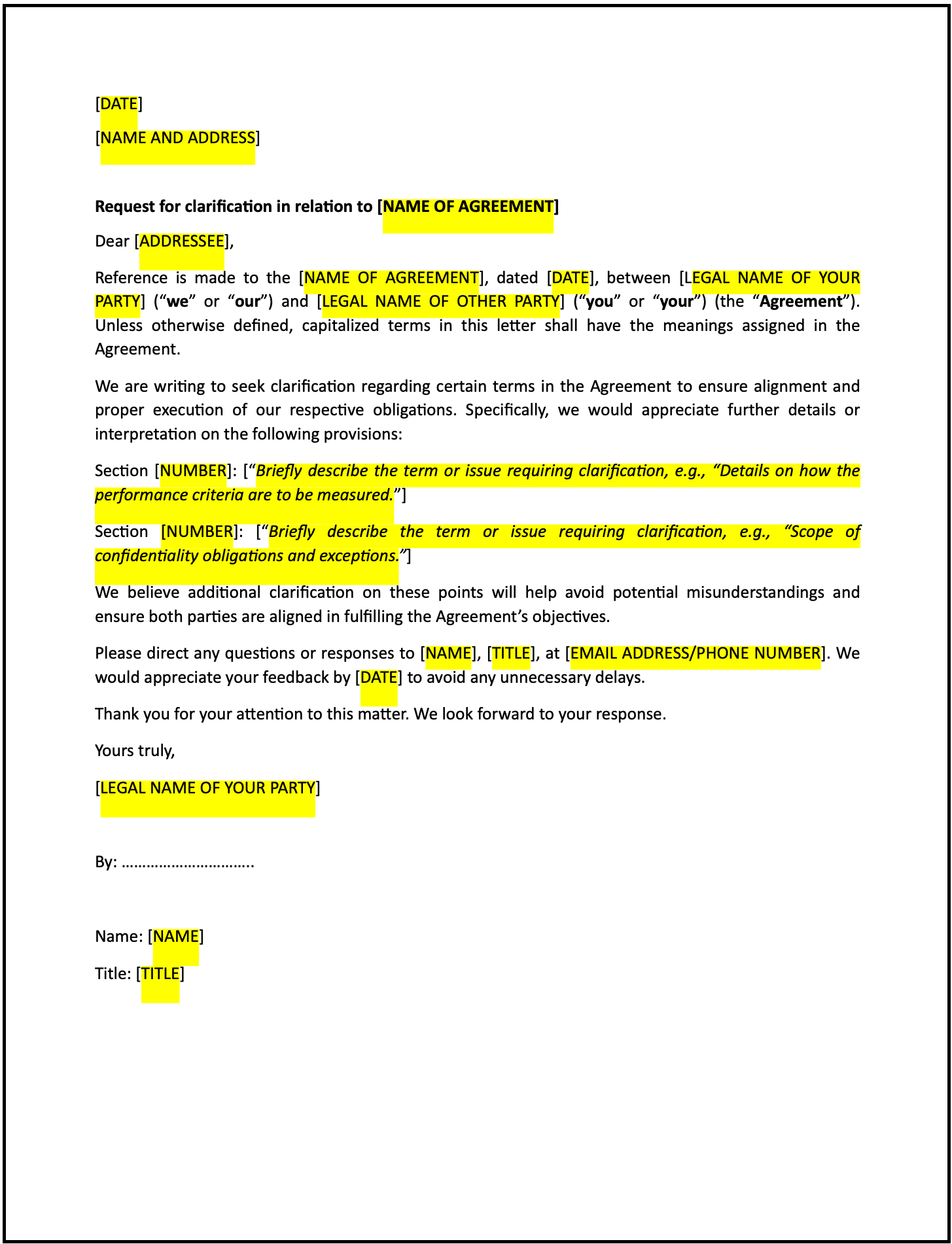 Request for clarification of contract terms letter: Free template