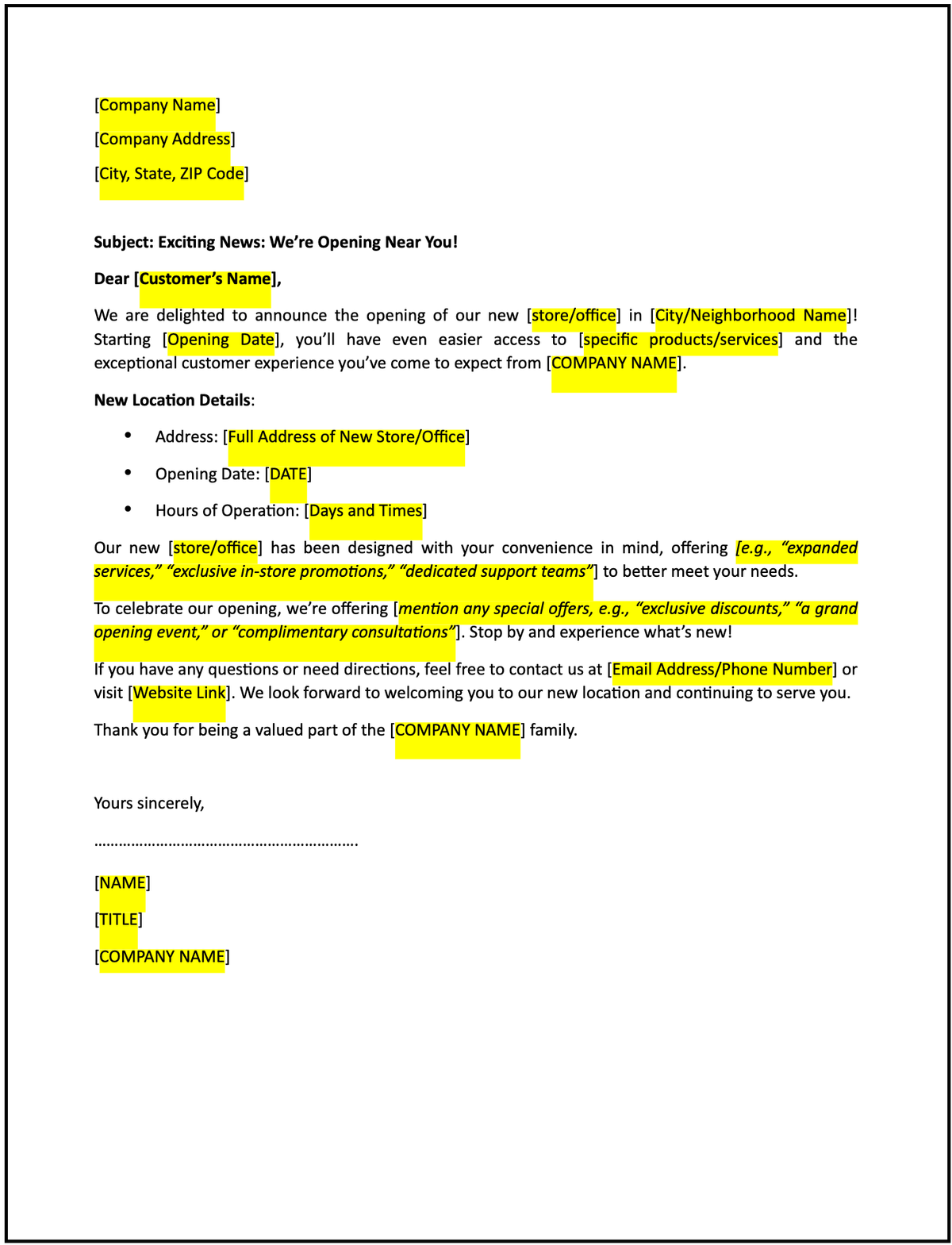 Announcement of new store or office opening near customer location ...