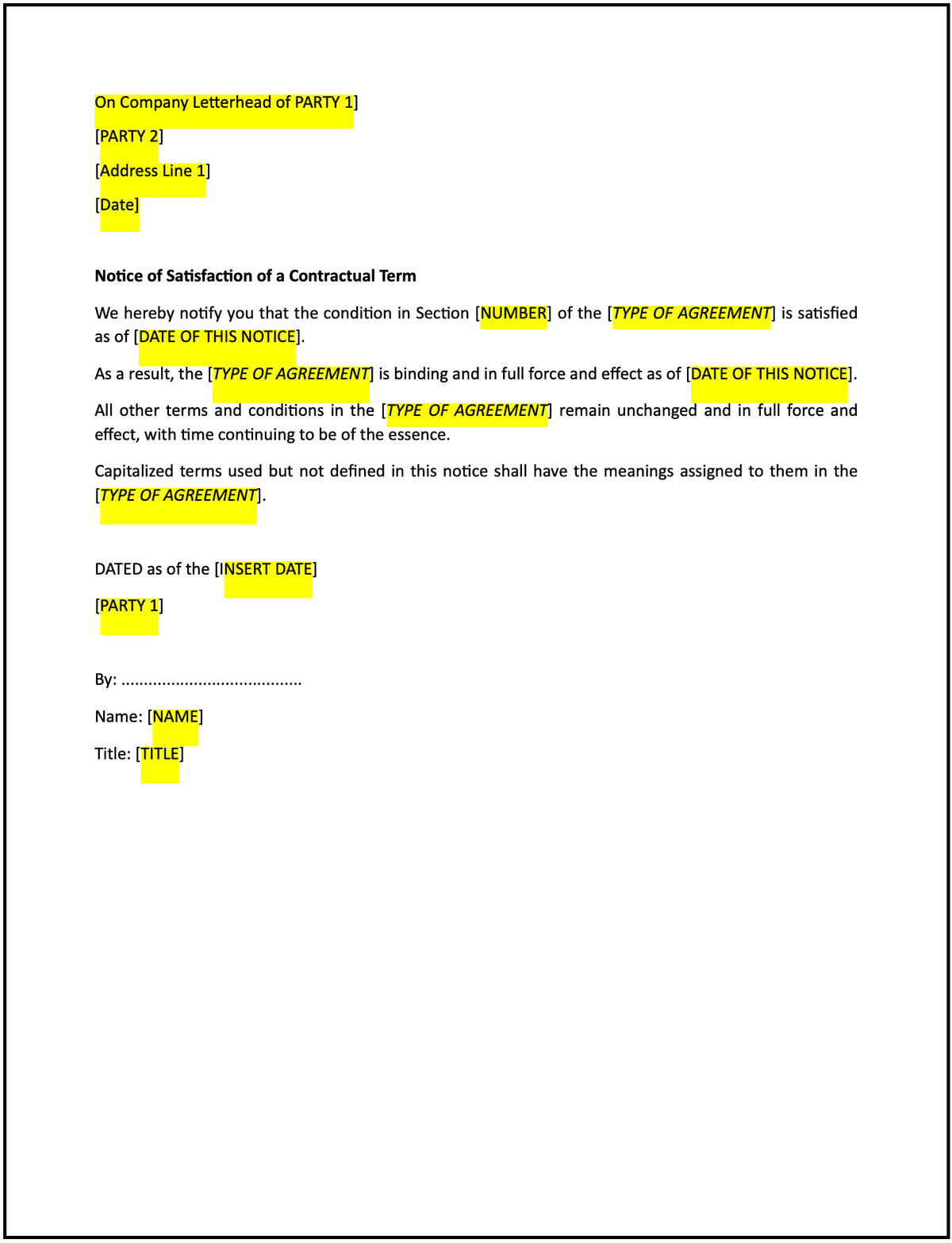 Notification of satisfaction of conditions precedent letter: Free template