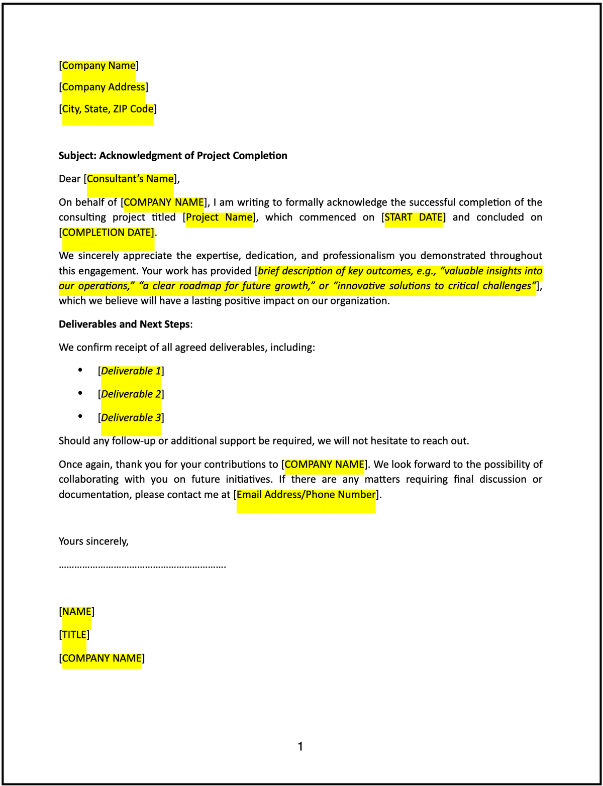 Acknowledgment of consulting project completion letter: Free template