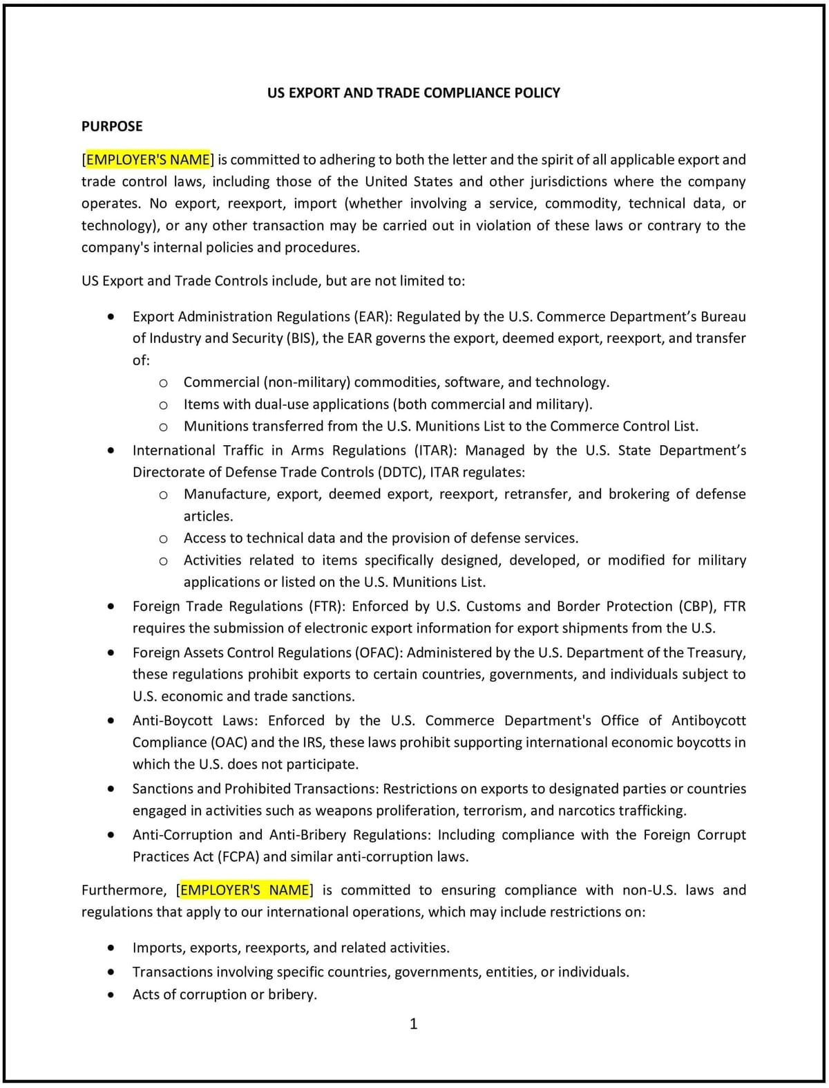 US export and trade compliance policy (Alabama): Free template