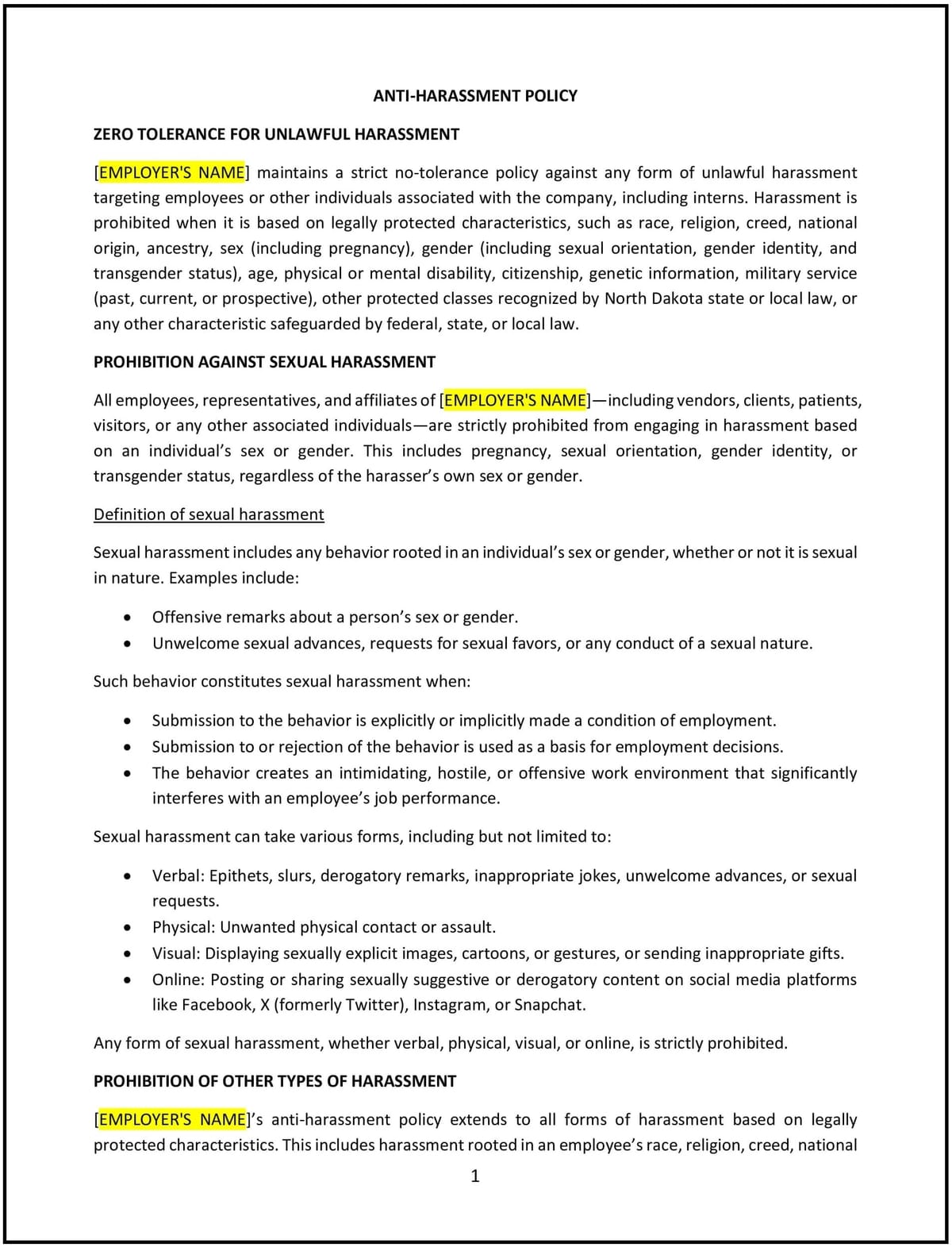 Anti-harassment policy (North Dakota): Free template