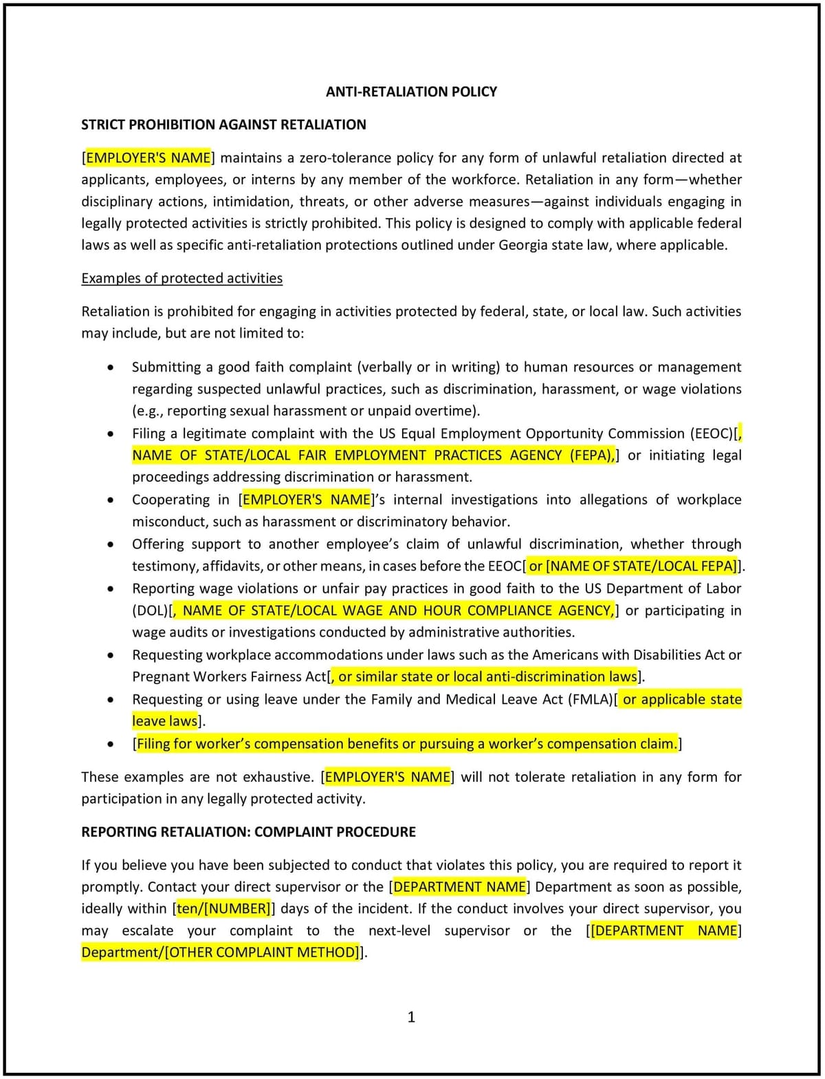 Anti-retaliation policy (Georgia): Free template