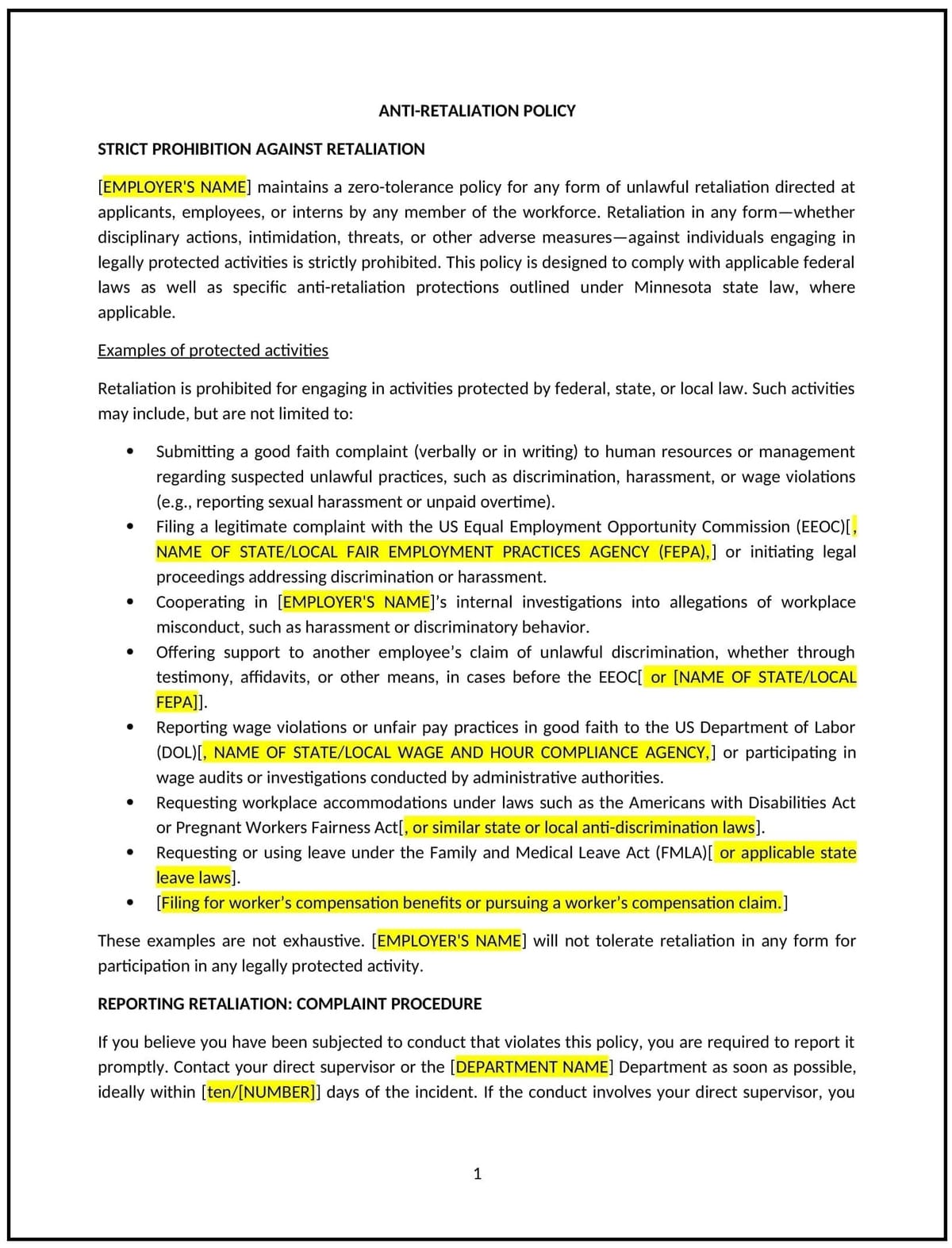 Anti-retaliation policy (Minnesota): Free template