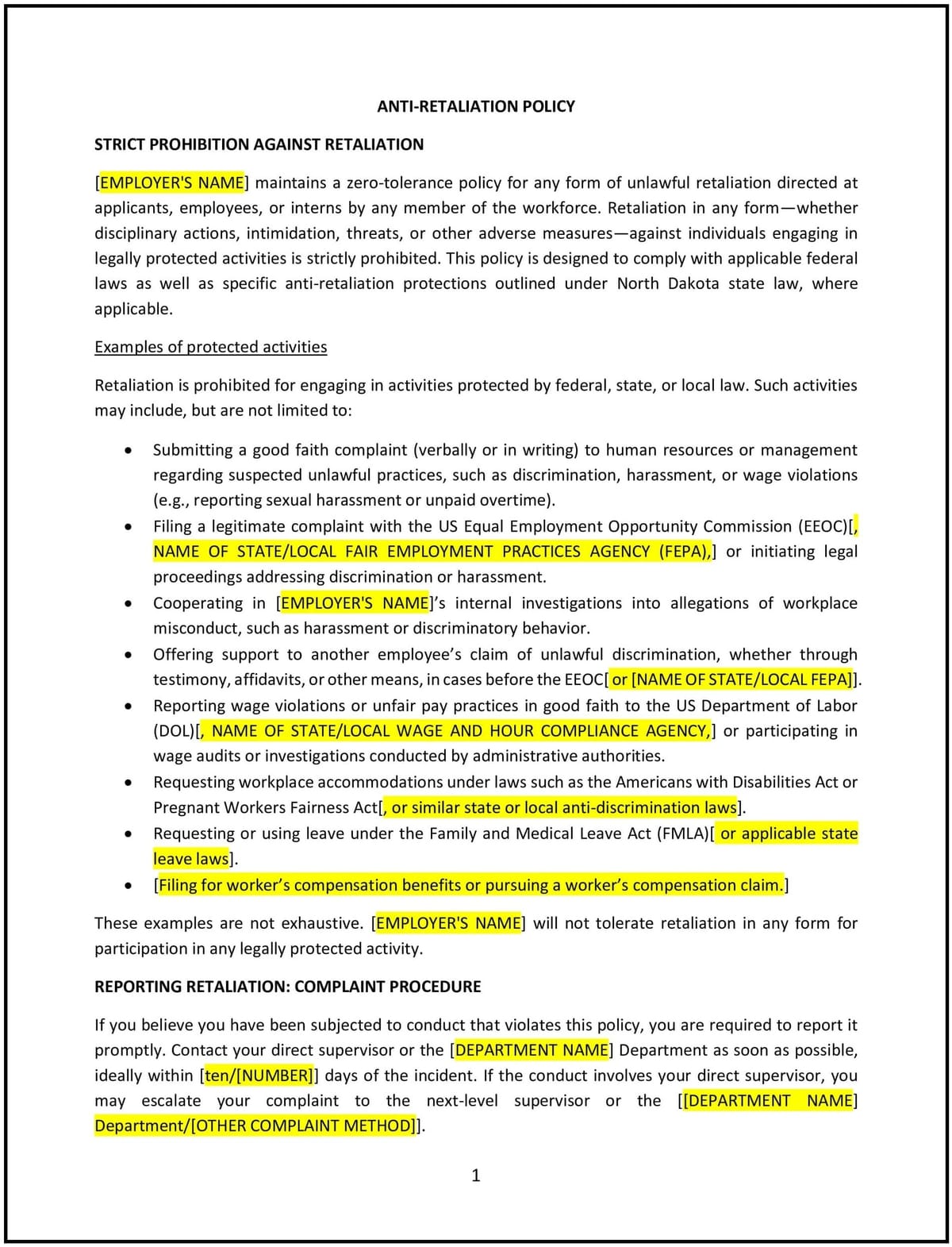 Anti-retaliation policy (North Dakota): Free template