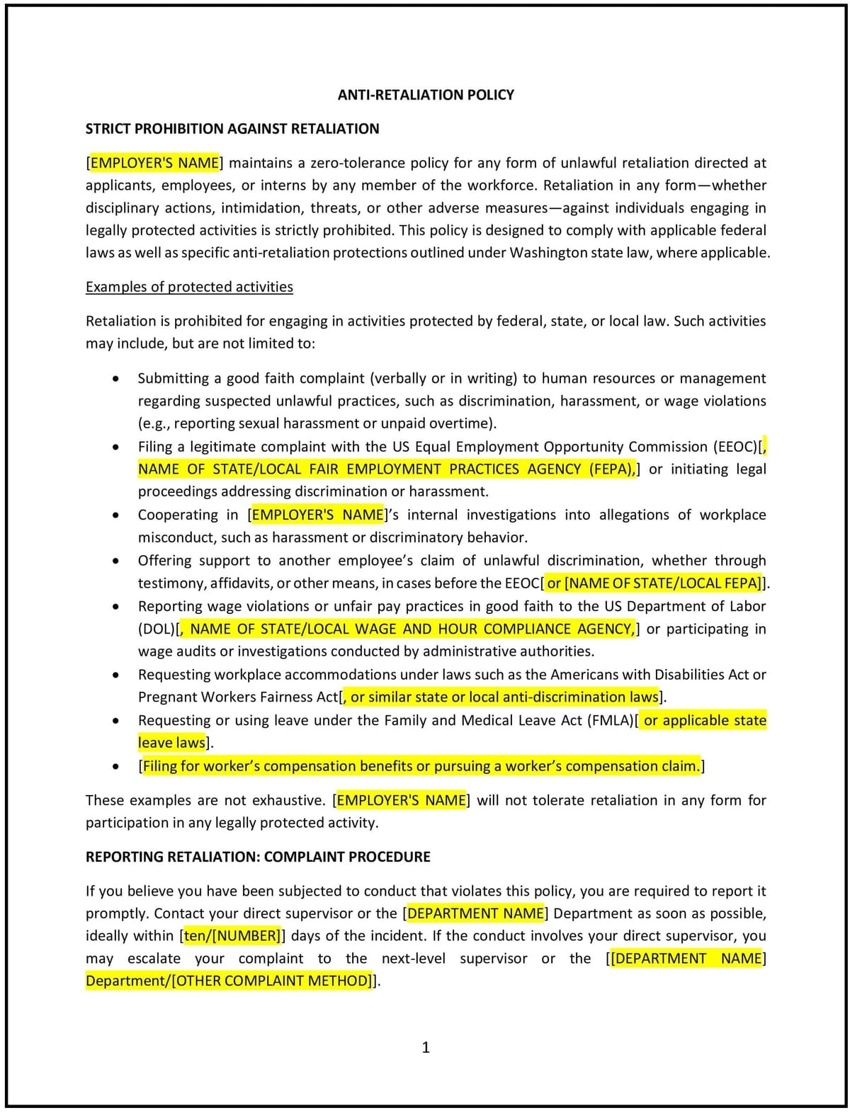 Anti-retaliation policy (Washington): Free template