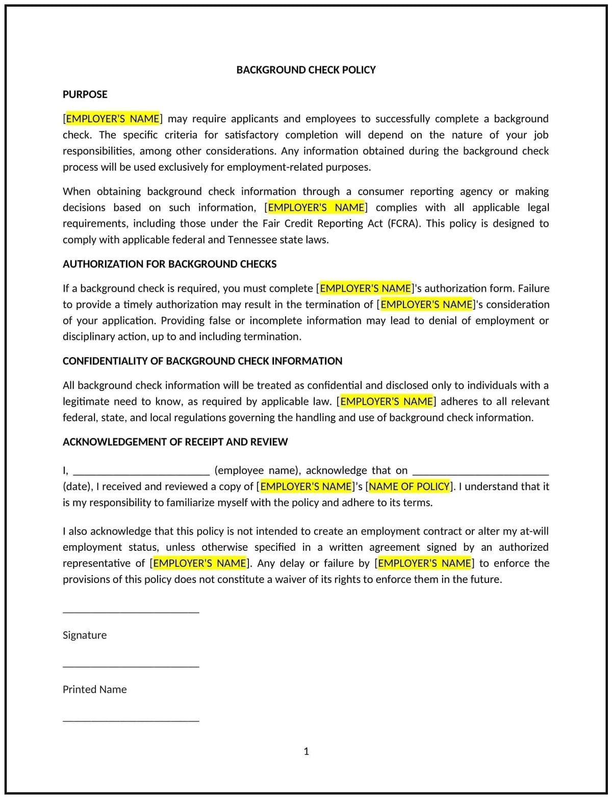 Background check policy (Tennessee): Free template