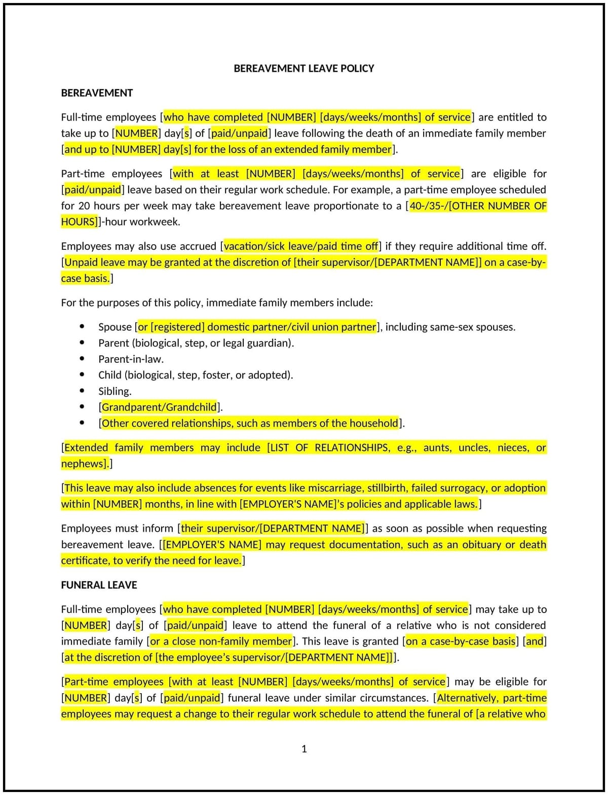 Bereavement leave policy (Montana): Free template