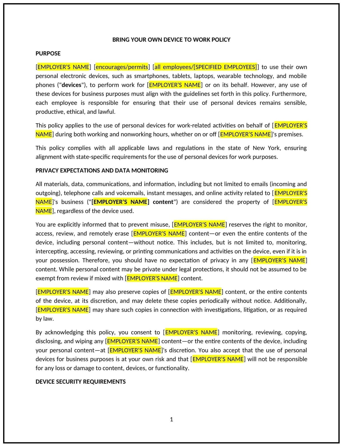 Bring your own device to work policy (New York): Free template