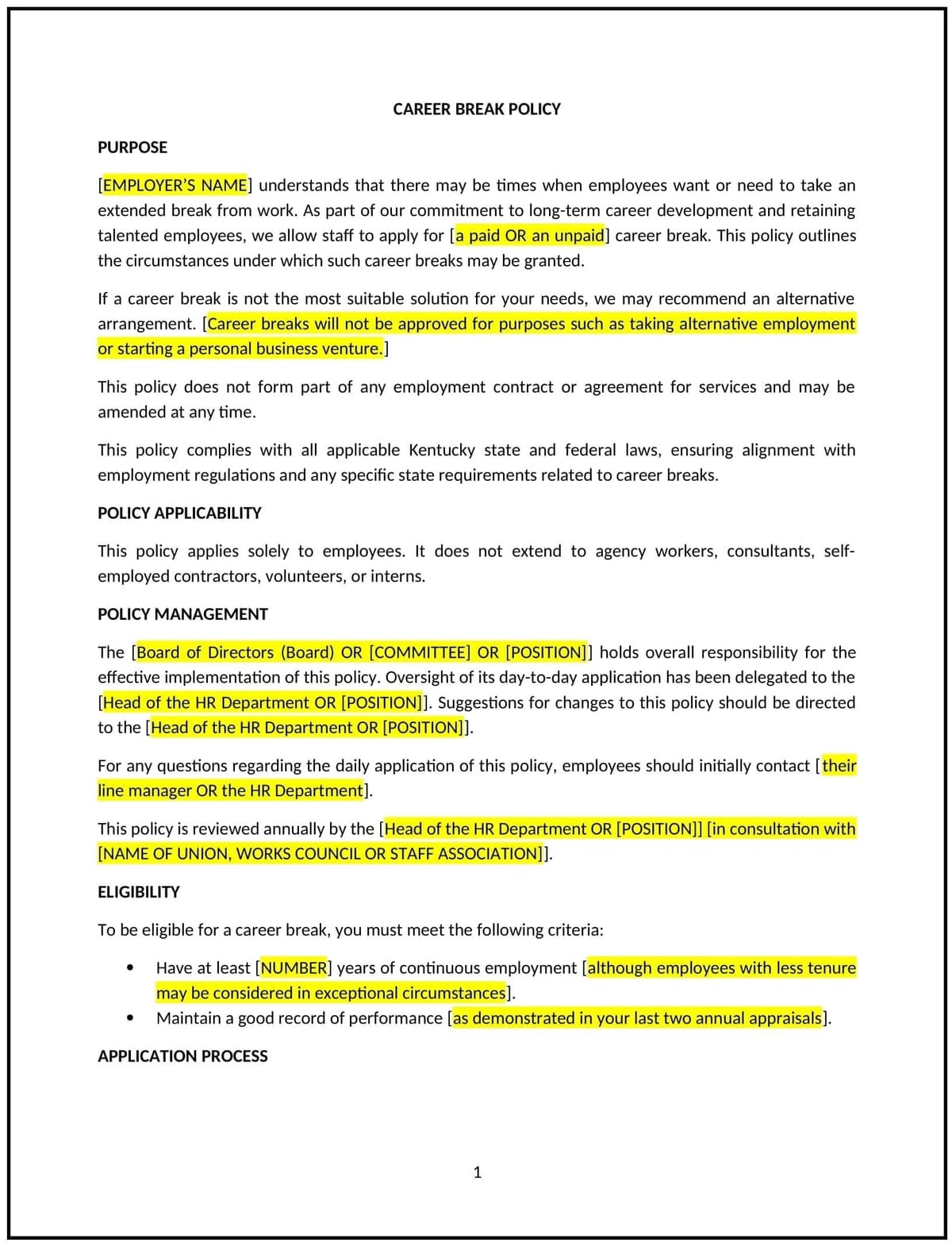 Career break policy (Kentucky): Free template