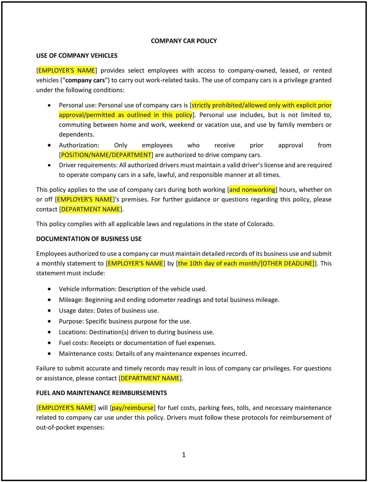 Company car policy (Colorado): Free template