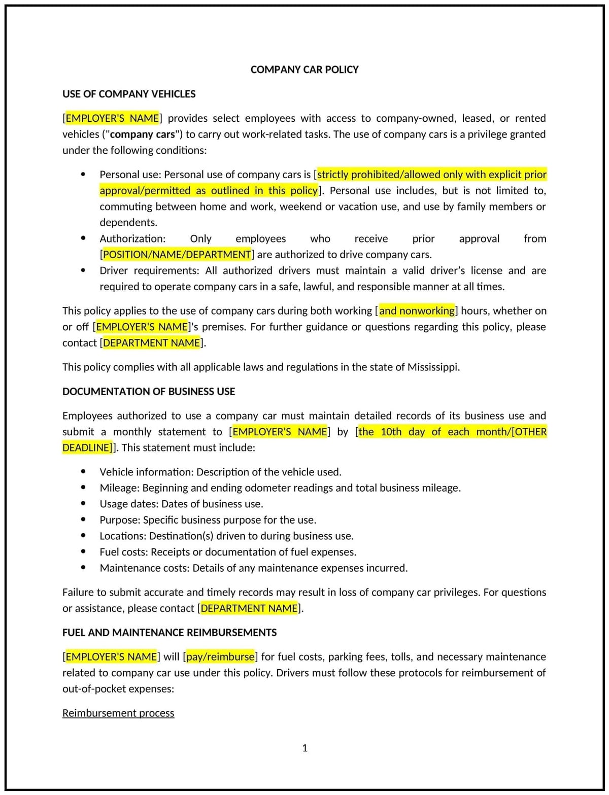Company car policy (Mississippi): Free template