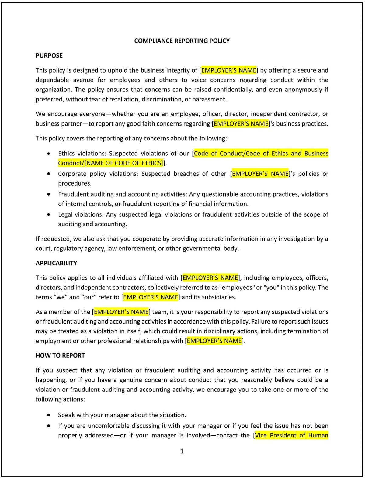 Compliance reporting policy (Delaware): Free template